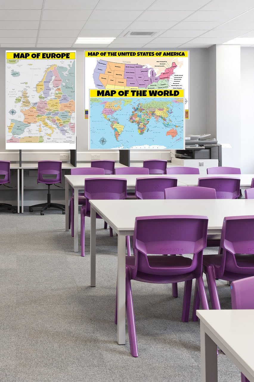 18x24 Map of the USA, Map of Europe and Map of the World - Pack of 3 ...