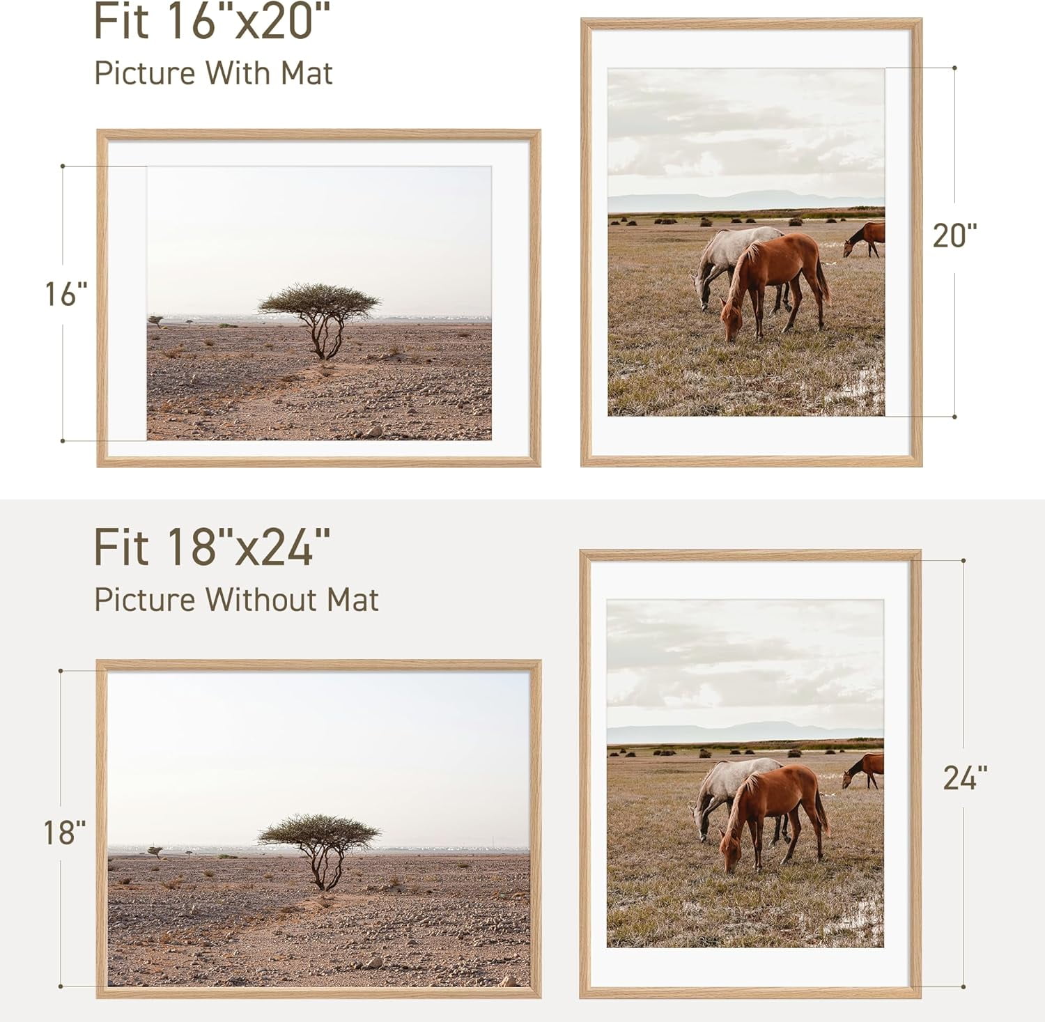 18x24 Natural Solid Oak Poster Frame Set of 4 with 16x20 Mat and HD for Wall and Tabletop ...