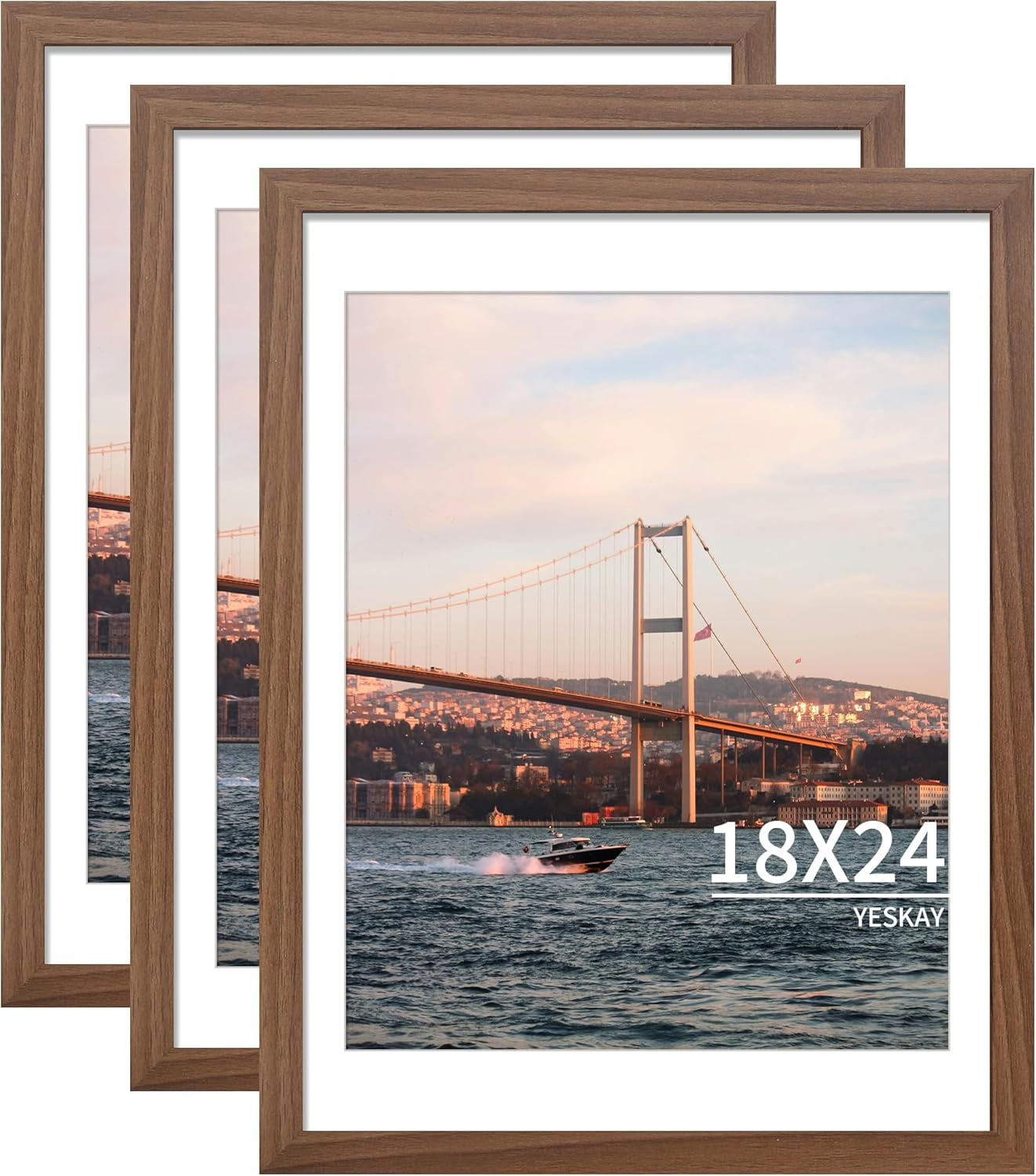 18x24 Picture Frame Brown Set of 3, Display Pictures 16x20 with Mat or ...