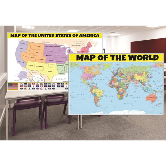 18x24 World Map and Map of the USA - Pack of 2 Laminated Wall Map ...