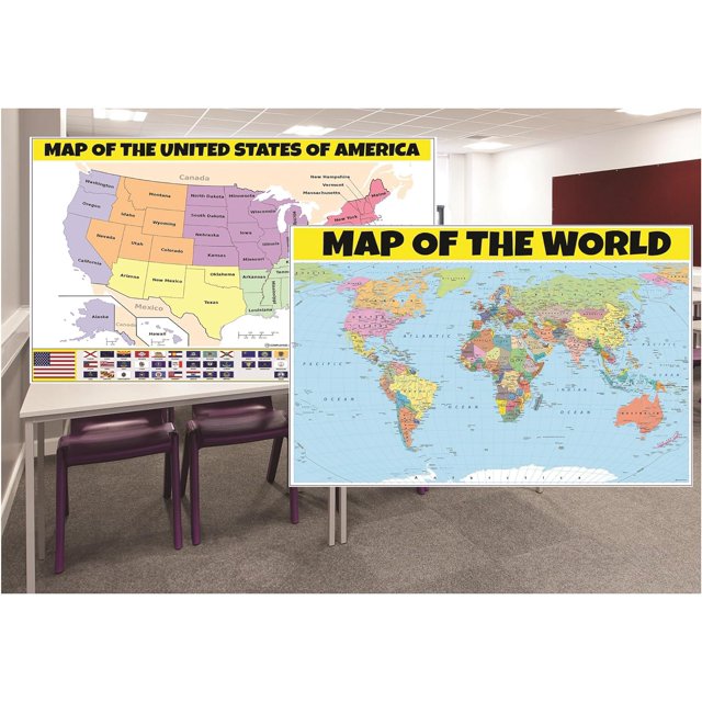 18x24 World Map and Map of the USA - Pack of 2 Laminated Wall Map ...