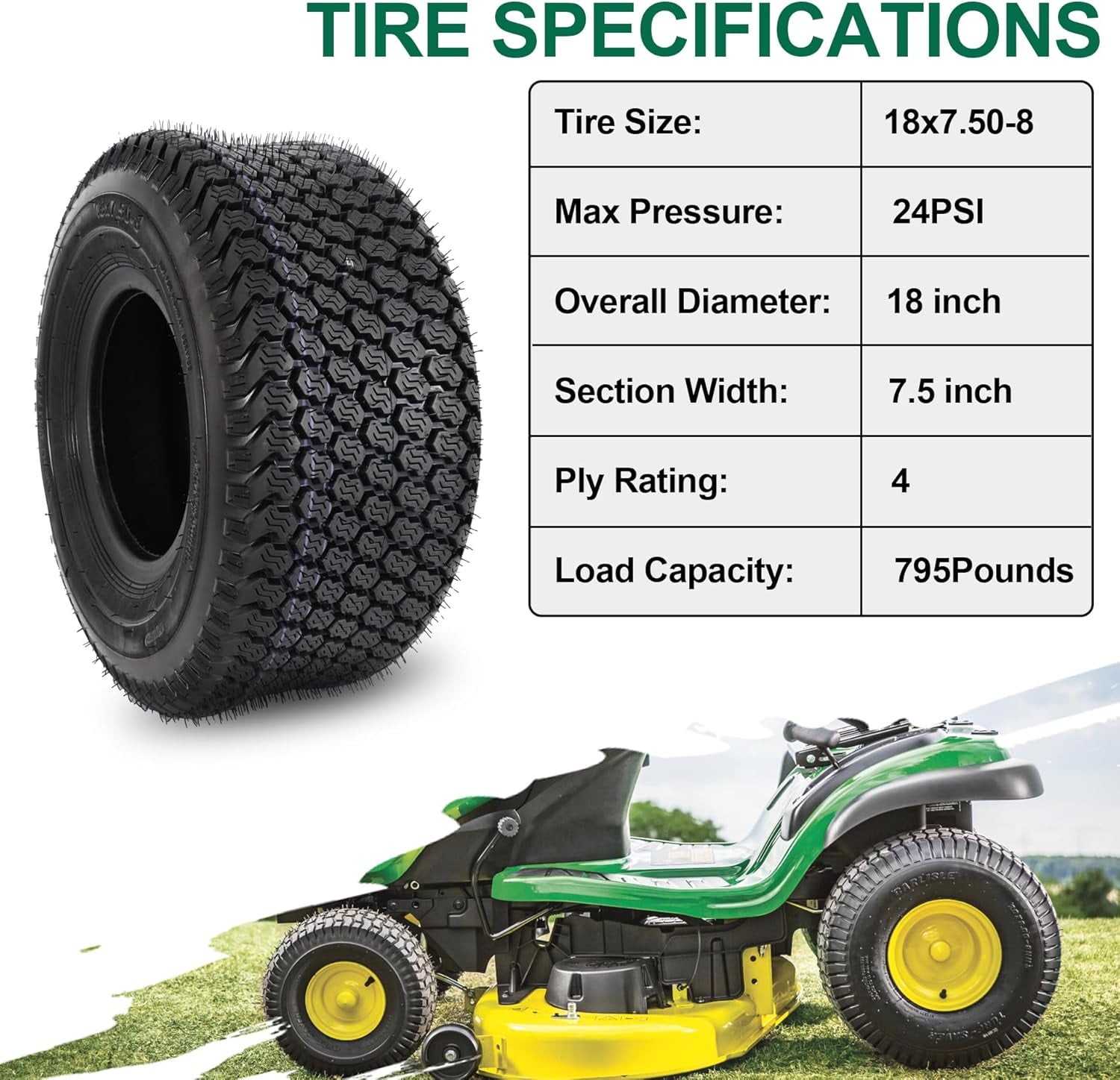 18x7.5-8 Golf Cart Tire, Lawn Tractor Tire with 2 Straight Valve Stems ...