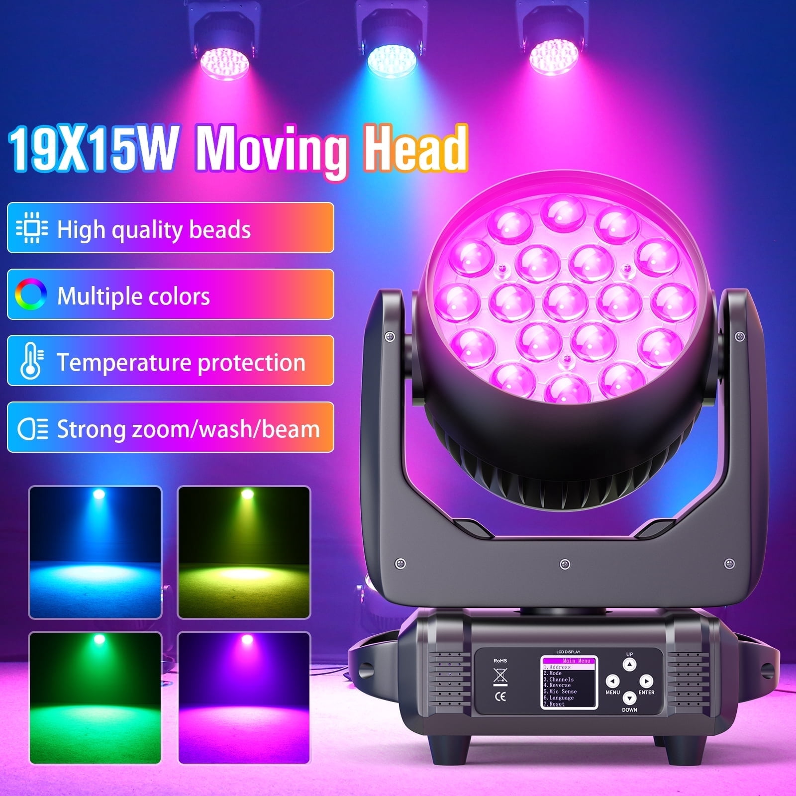 19×15W RGBW 4-in-1 Beam/Wash/Zoom LED Moving Head Lights - for Music ...