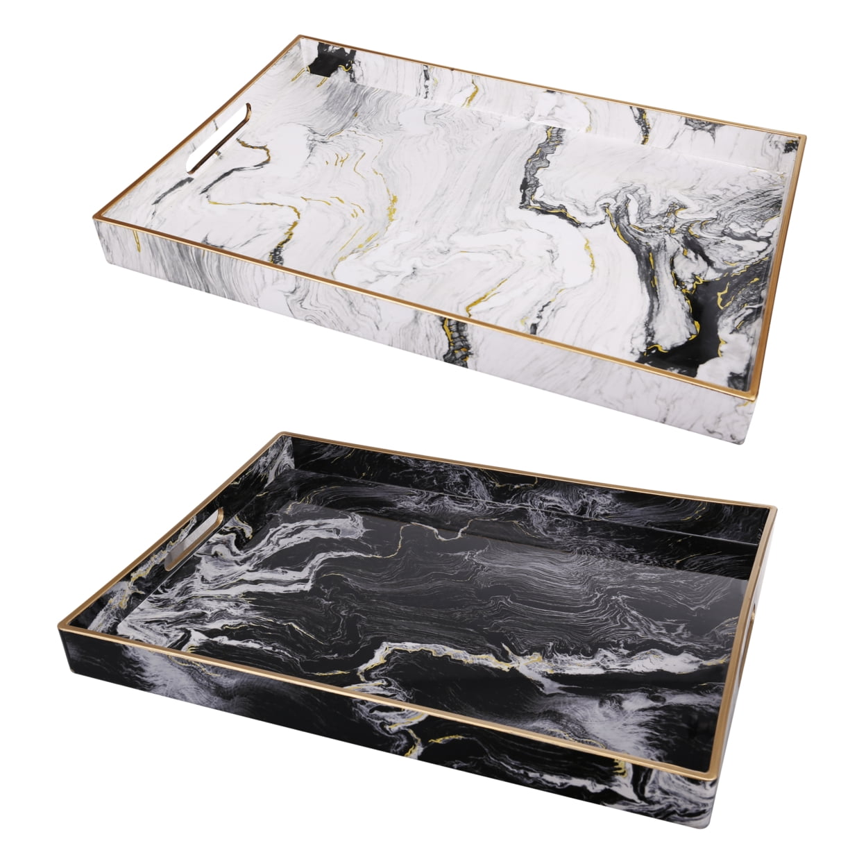 19, 18 Inch Set of 2 Modern Decorative Trays with Rims, Black and White ...