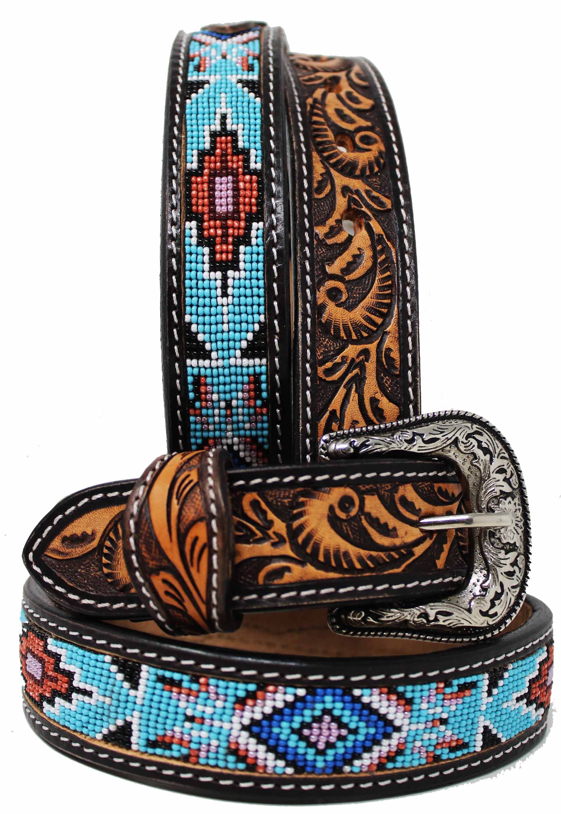 19-20 Kids Youth Western Rodeo Floral Tooled Beaded Leather Belt ...