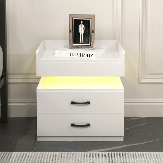 19.3" H Modern Bedside Table with Adjustable LED Light Strip and 2 ...