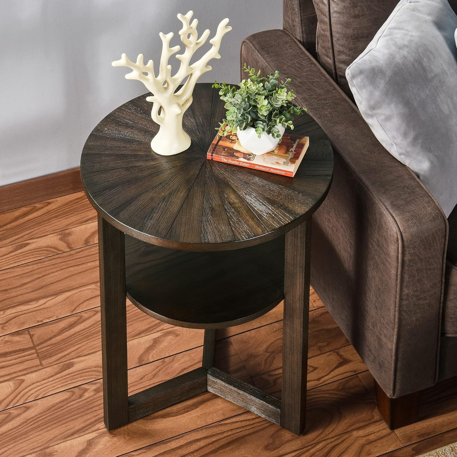 19.3 Small Round End Table with Storage Open Shelf, Narrow Side Table ...
