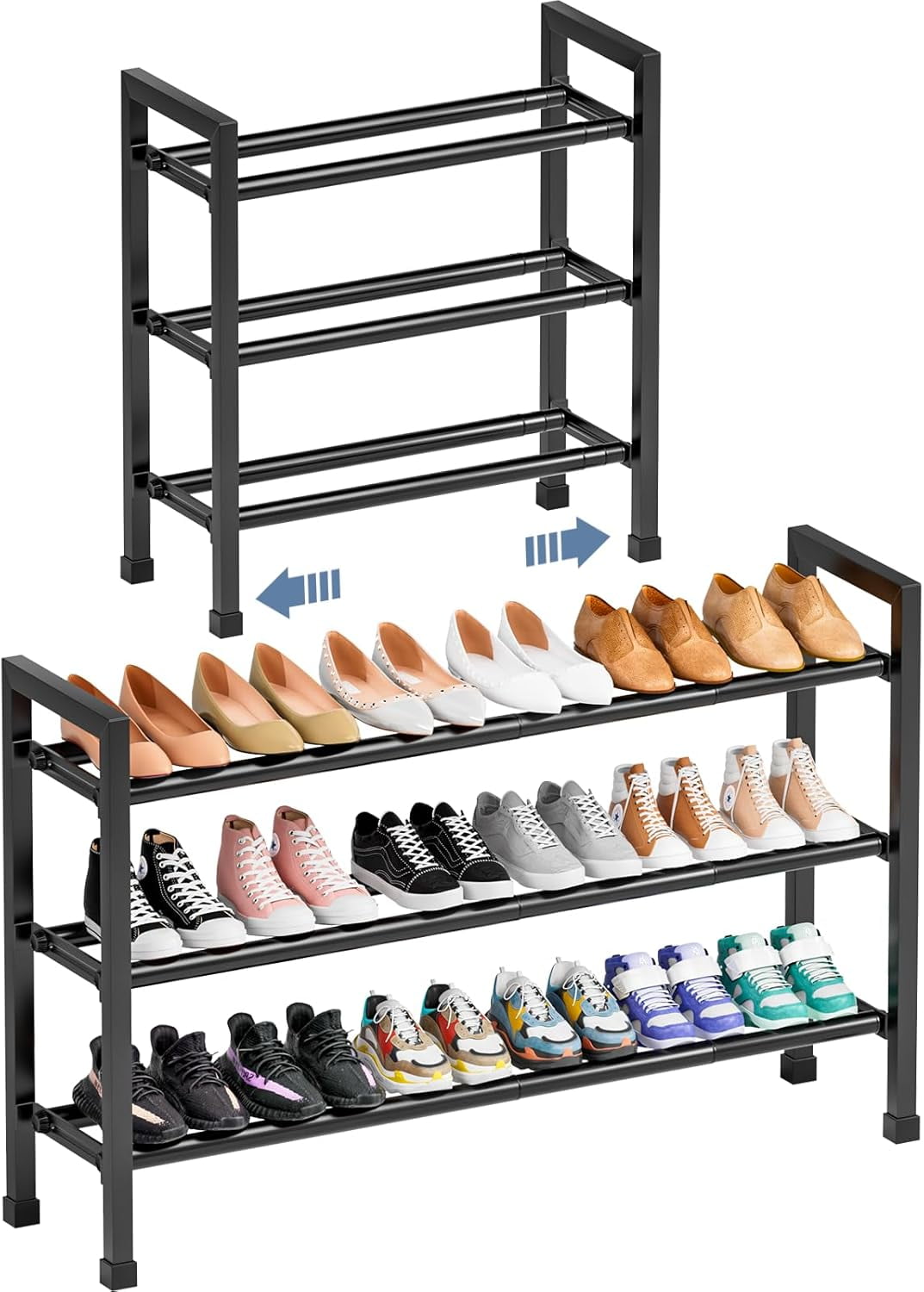 19“- 43” Adjustable Shoe Rack, 3 Adjustable Length, 3 Tier Expandable ...