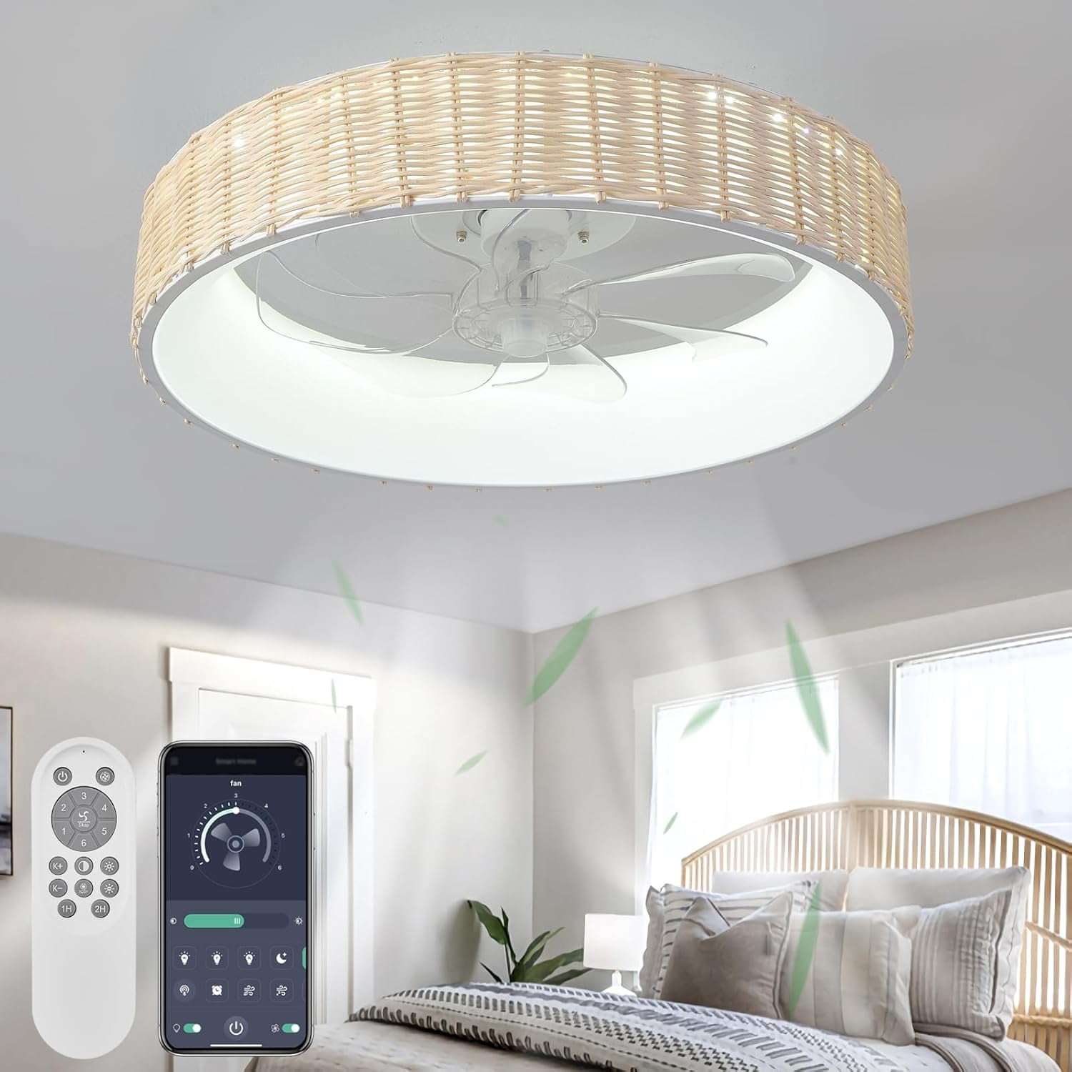 19.6" Boho Rattan Ceiling Fan with LED Light, 48W Dimmable Remote & APP ...