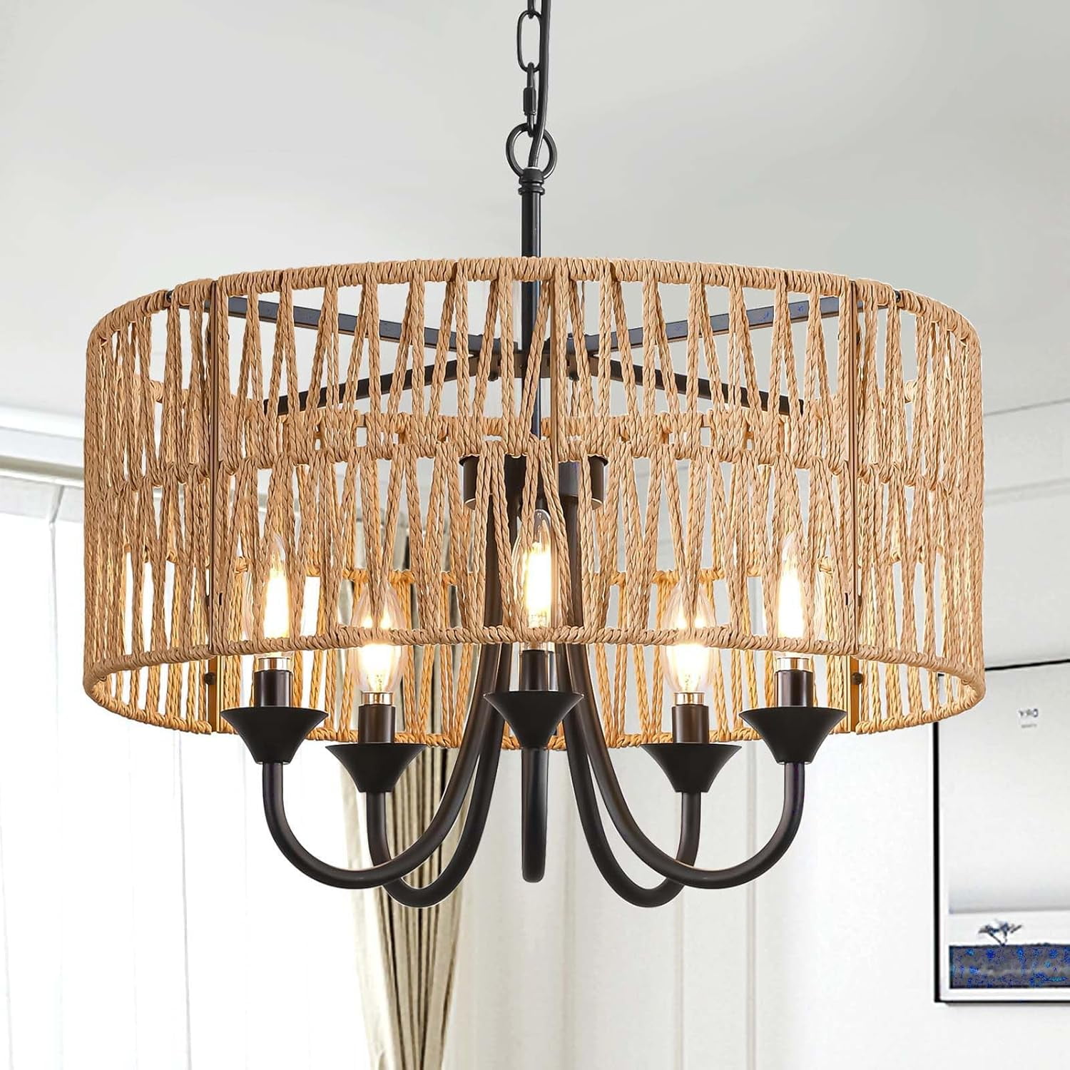 19.6" Hand-Woven Pendant Light Fixture with Wicker Shade, 5-Light ...