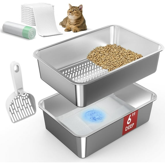 19.6''x13.7''x6'' Stainless Steel Litter Box, Open Top Sifting Litter ...