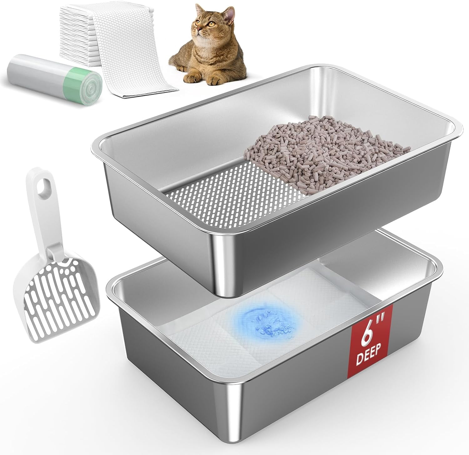 19.6''x13.7''x6'' Stainless Steel Litter Box, Open Top Sifting Litter ...