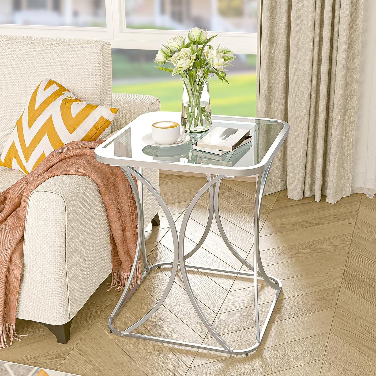 19.68" Square End Table with Tempered Glass Top & X-Shaped Silver Metal ...