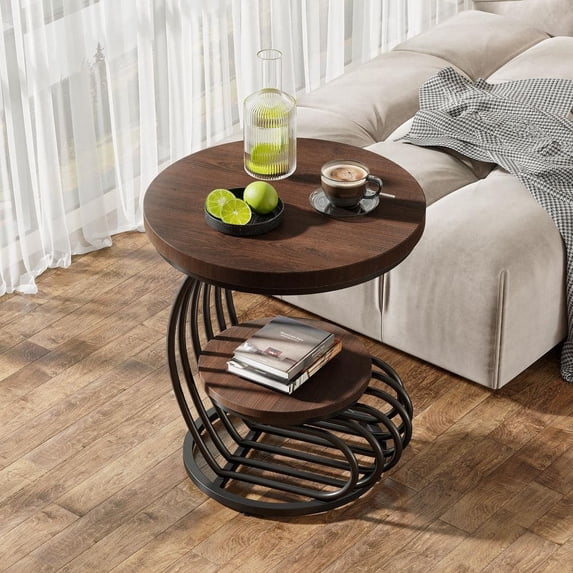 19.68 in. Width Brown Wood and Metal C-Shape End Table, 2 Tiers Round ...