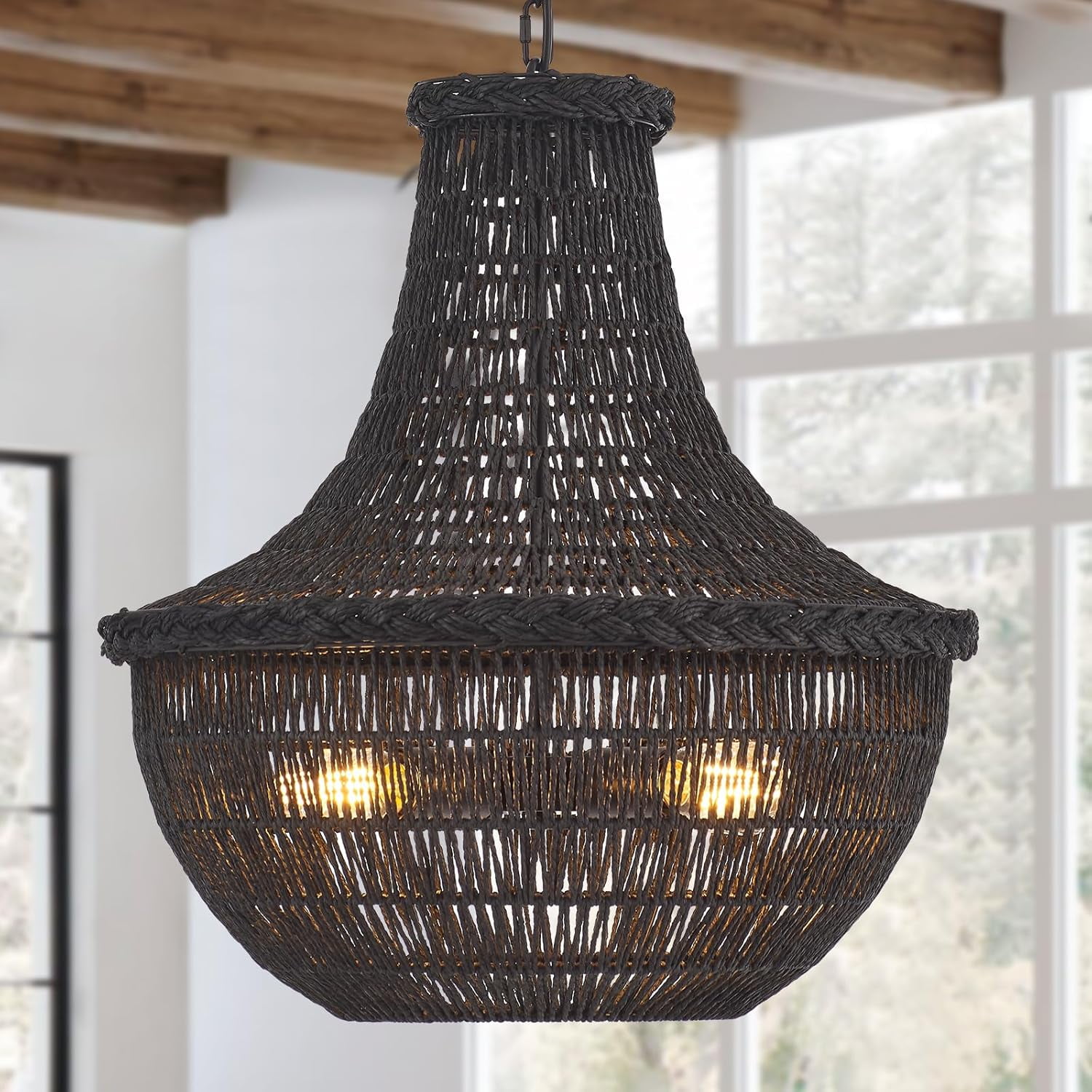 19.69" Boho Black Rattan Chandelier Vintage 4-Lights Farmhouse Hand ...