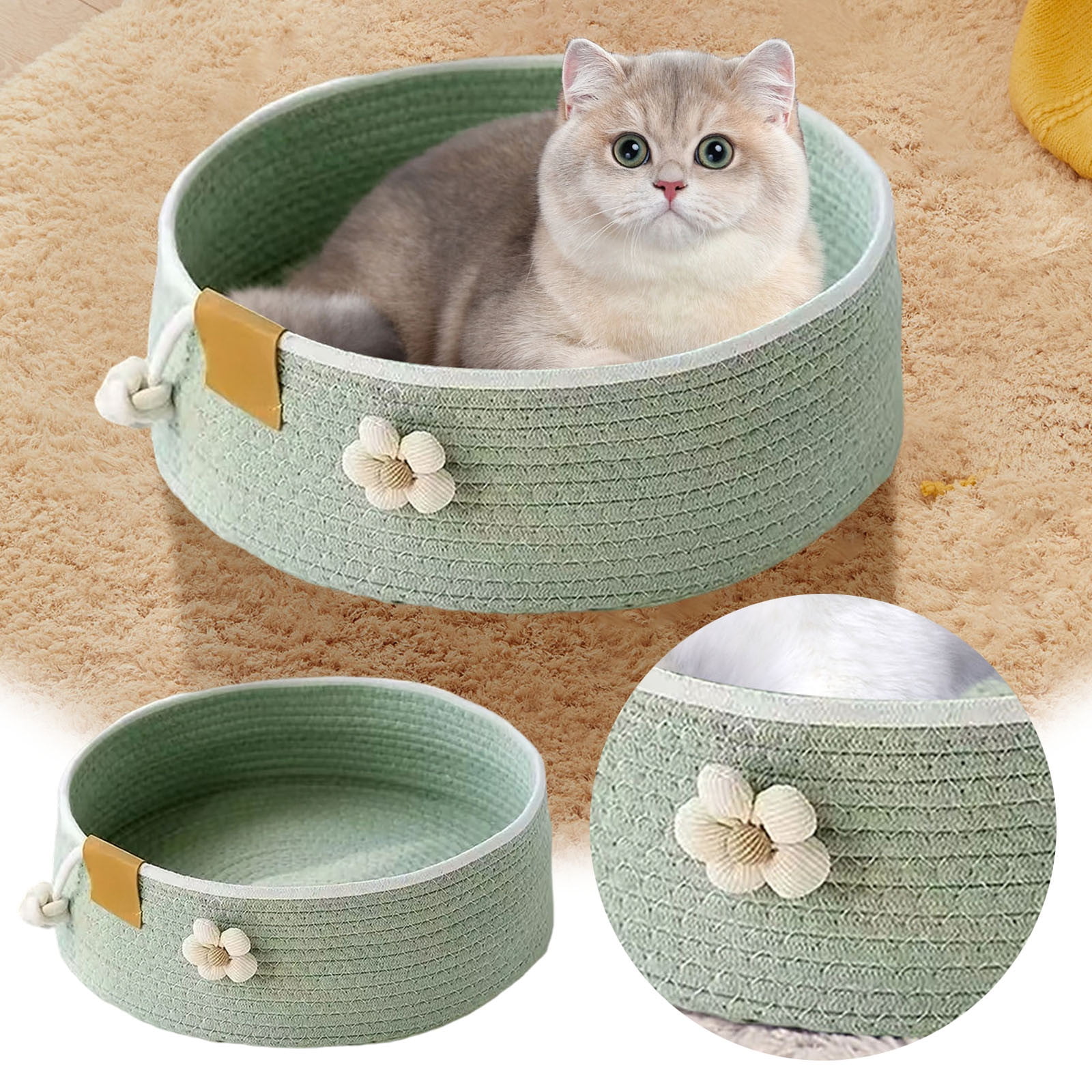 19.69 Inch Handwoven Round Cat Bed Basket, Natural Rope Nest for Small ...