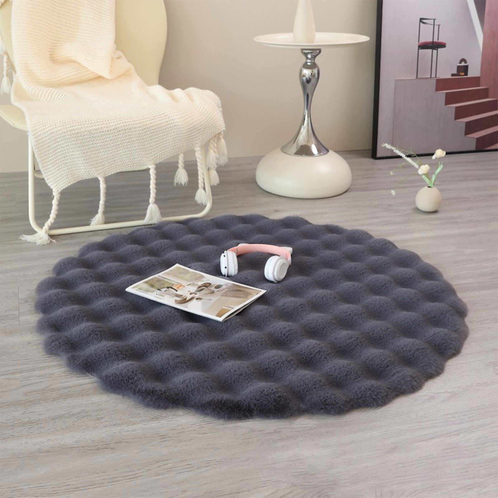 19.69 Inch Velvet Round Carpet - Cream Color Floor Mat for Living Room ...