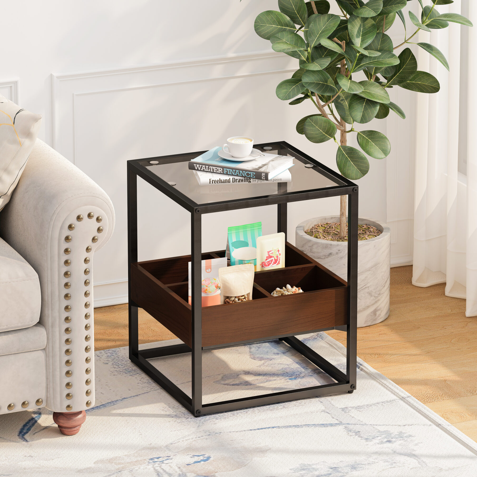 19.69" Modern Coffee Table with 4 Storage Shelves and Metal Table Legs ...