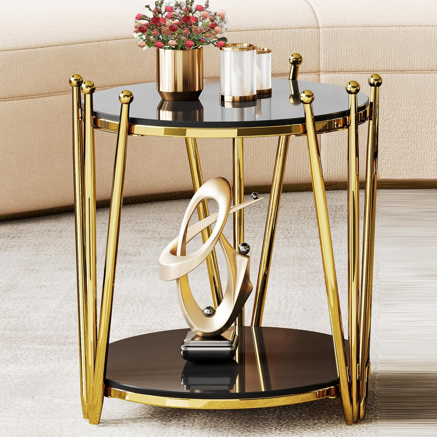 19.69" Round Black Glass End Table, Modern Gold Living Room Tables with ...