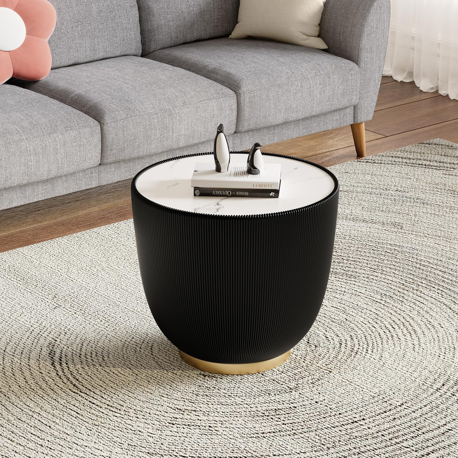 19.69" Round End Table with Marbled Top, Modern Black Sofa Side Table ...