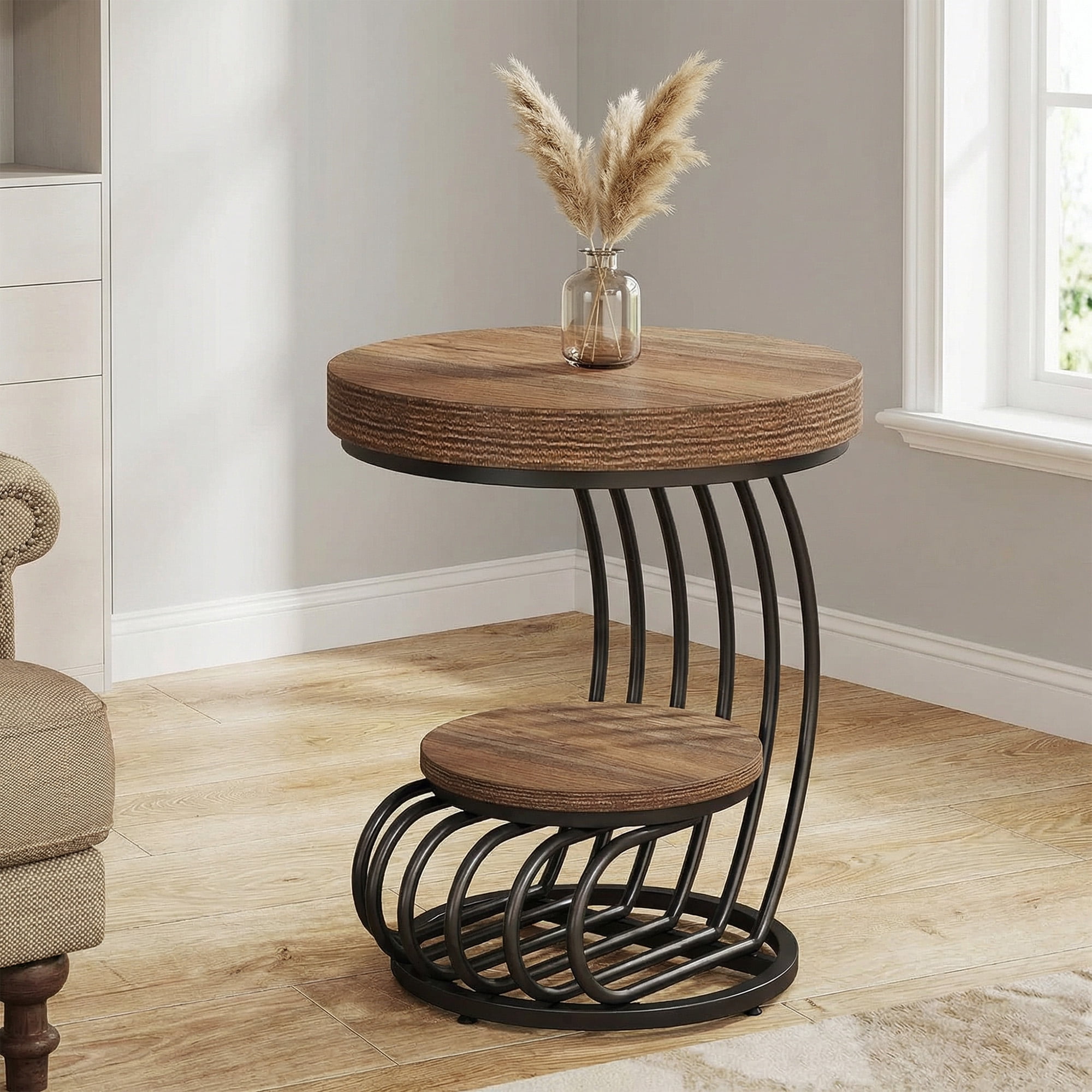 19.69'' X 24.8'' Round End Table 2-Tier Storage Shelf Faux Marble Top ...
