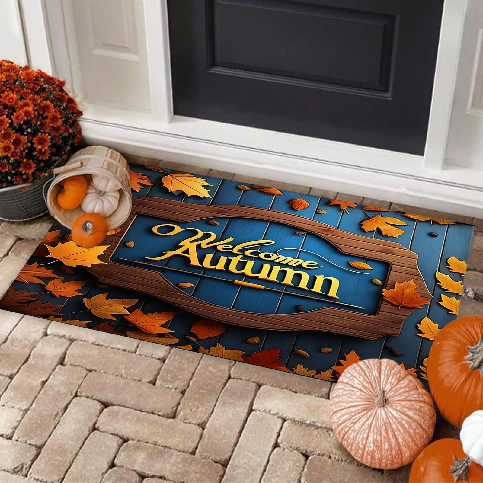 19.69x31.5 Inch Maple Leaf Entry Door Mat with Pumpkin Design, Fall ...
