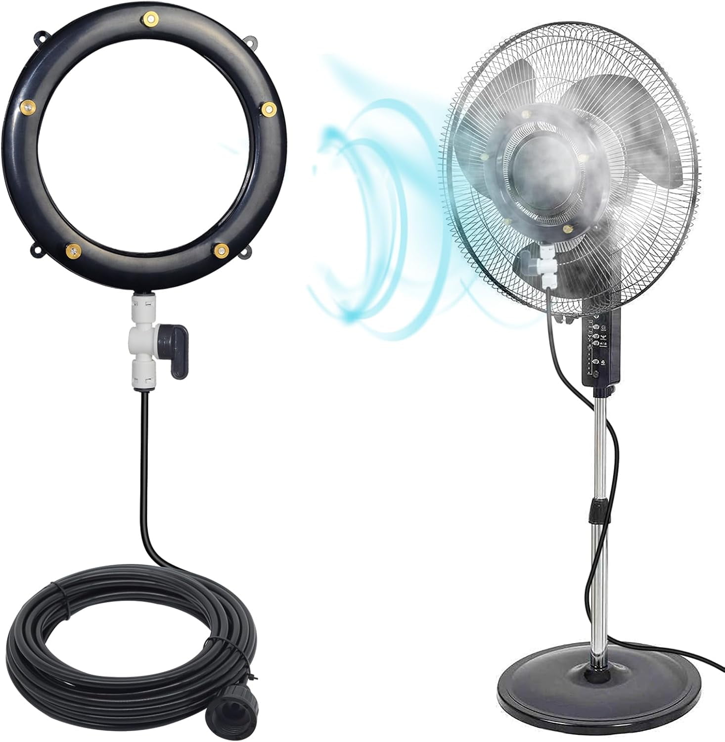 19.6FT Misting Line + 5 Brass Nozzles with Water Control Valve, Fan ...