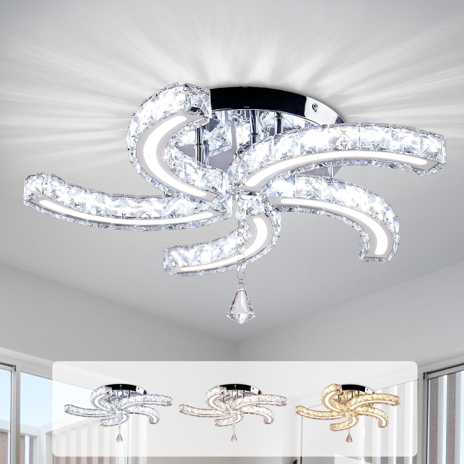 19.7" Crystal Chandelier Acrylic Modern 5 Arms Led Flush Mount Ceiling ...