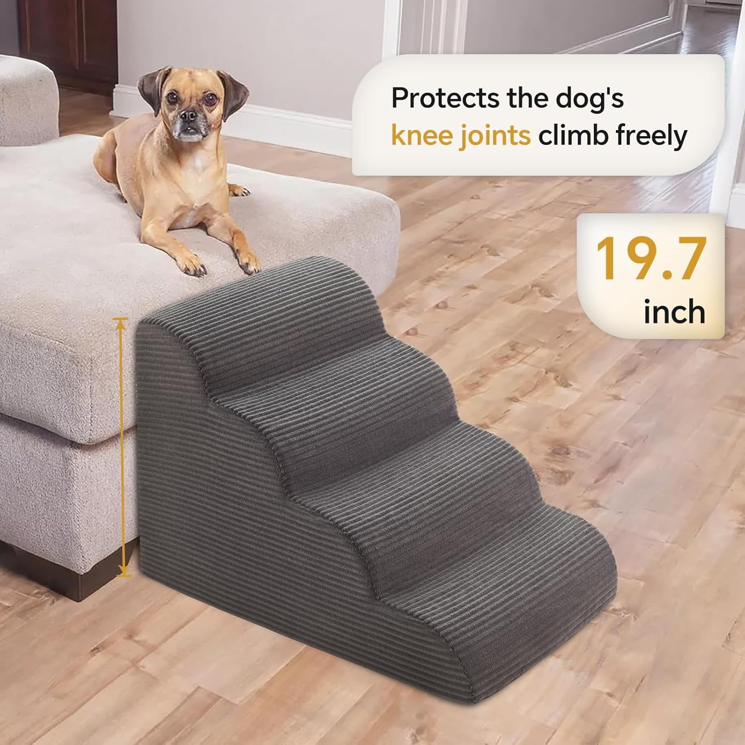 19.7"H Deep Grey 4-Step Dog Stairs Ramp - Non-Slip Balanced, Removable ...