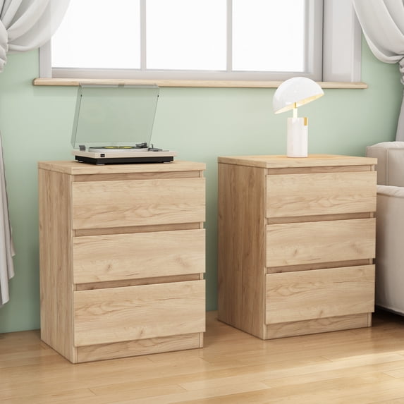 19.7-Inch Natural Nightstand with 3 Drawers,Set of 2,Beside Table with ...