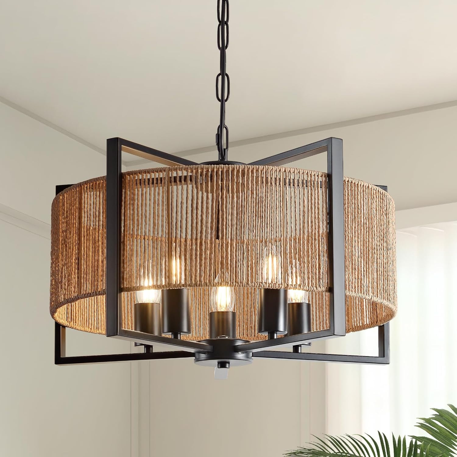 19.7" Rattan Chandelier 5-Light Modern Farmhouse Chandelier for Dining ...