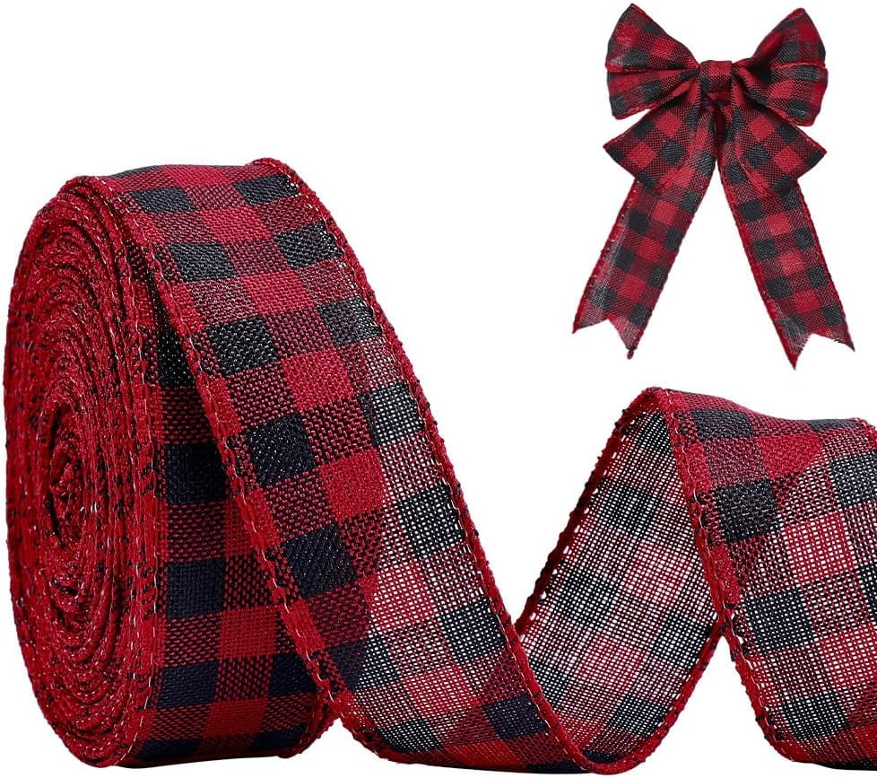 19.7Yards Christmas Gingham Plaid Ribbons 1.5inch Wired Edge Ribbon Red Black Gingham Plaid ...