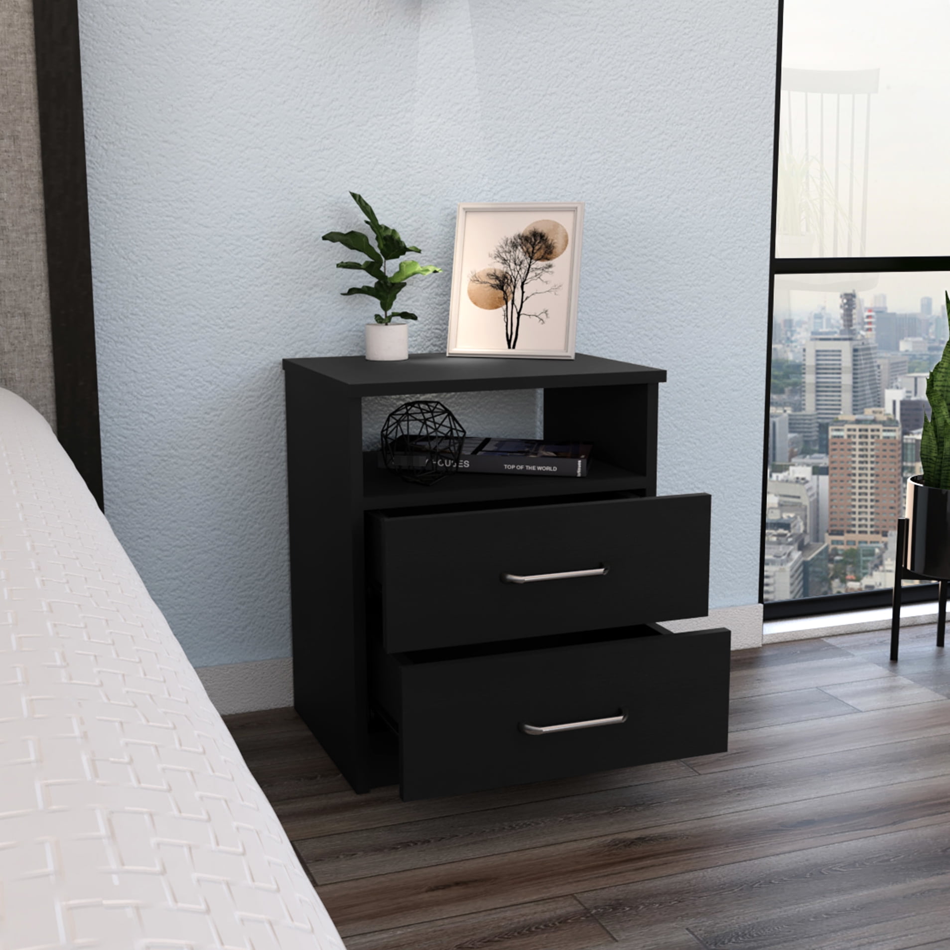 19.9" Nightstand With Black - Two Drawers For Extra Space, Open Shelf ...