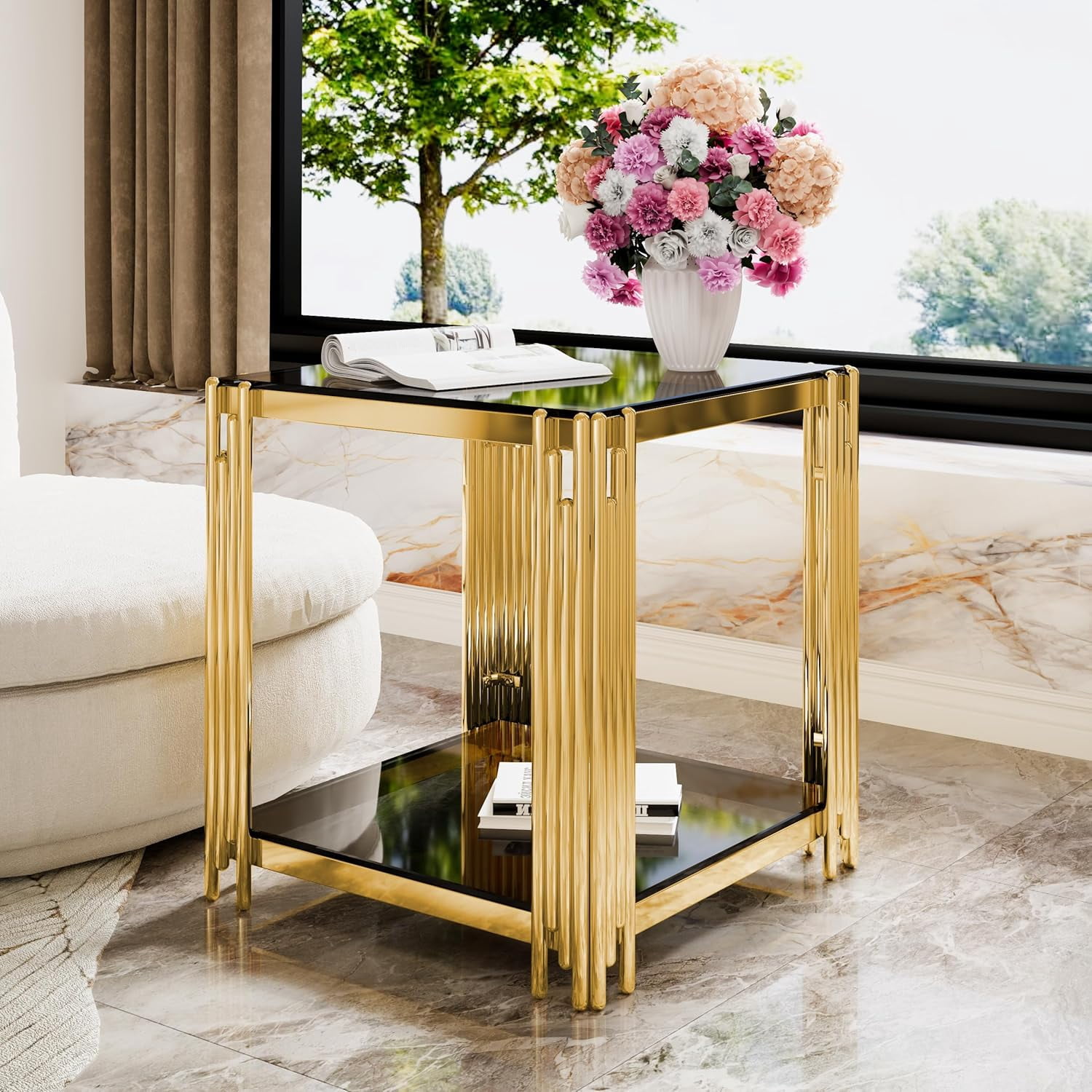 19.9" Square Black Glass End Table, Modern Gold Living Room Tables with ...