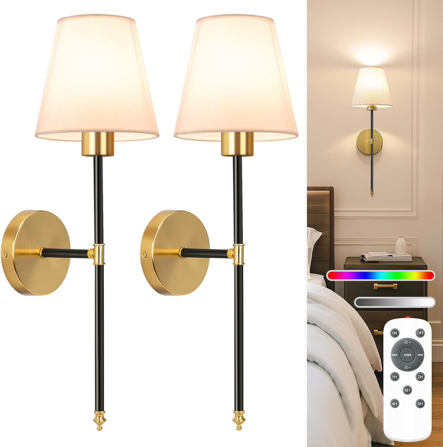 19.9 inch Battery Operated Wall Sconce Set of 2,Black-Gold Rechargeable ...