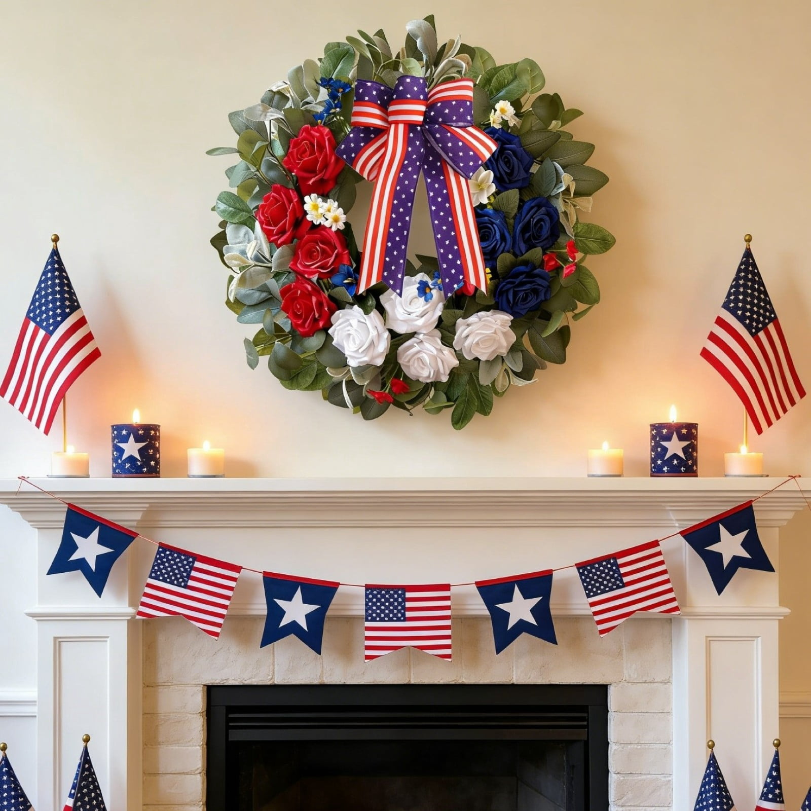 19.96in Patriotic Red White Blue Artificial Floral Wreath with Green ...