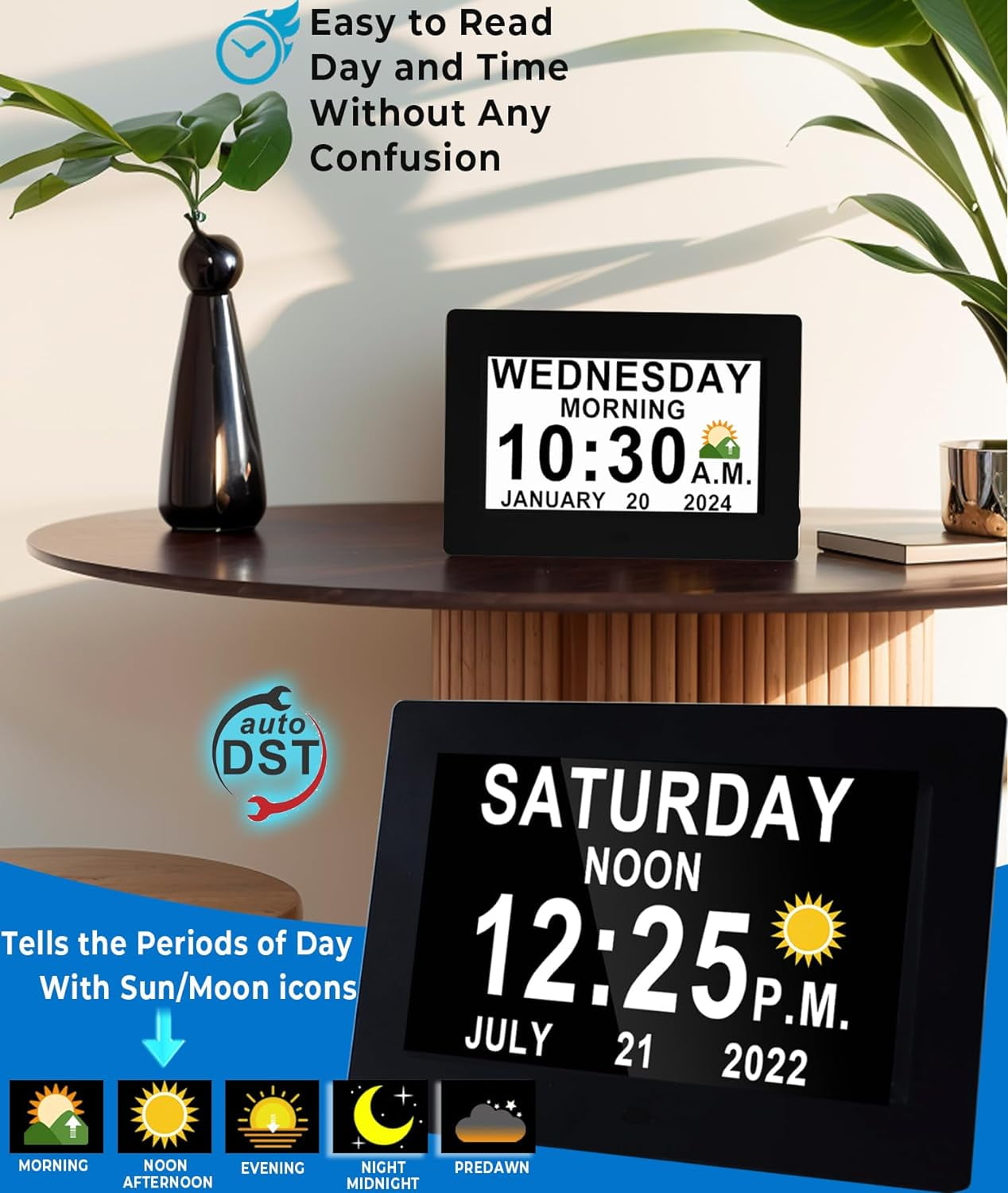 19 Alarms Digital Clock With Auto Dst And Sun Moon Icons, Custom ...