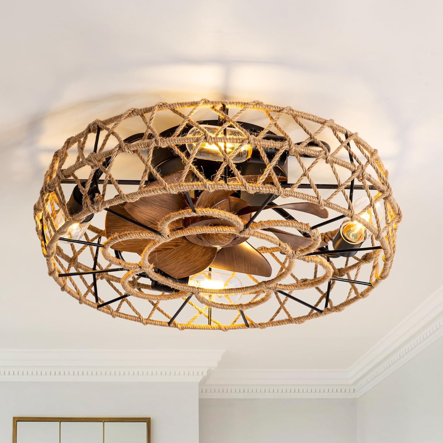 19" Boho Caged Ceiling Fan with Lights Flush Mount, Low Profile Rattan ...