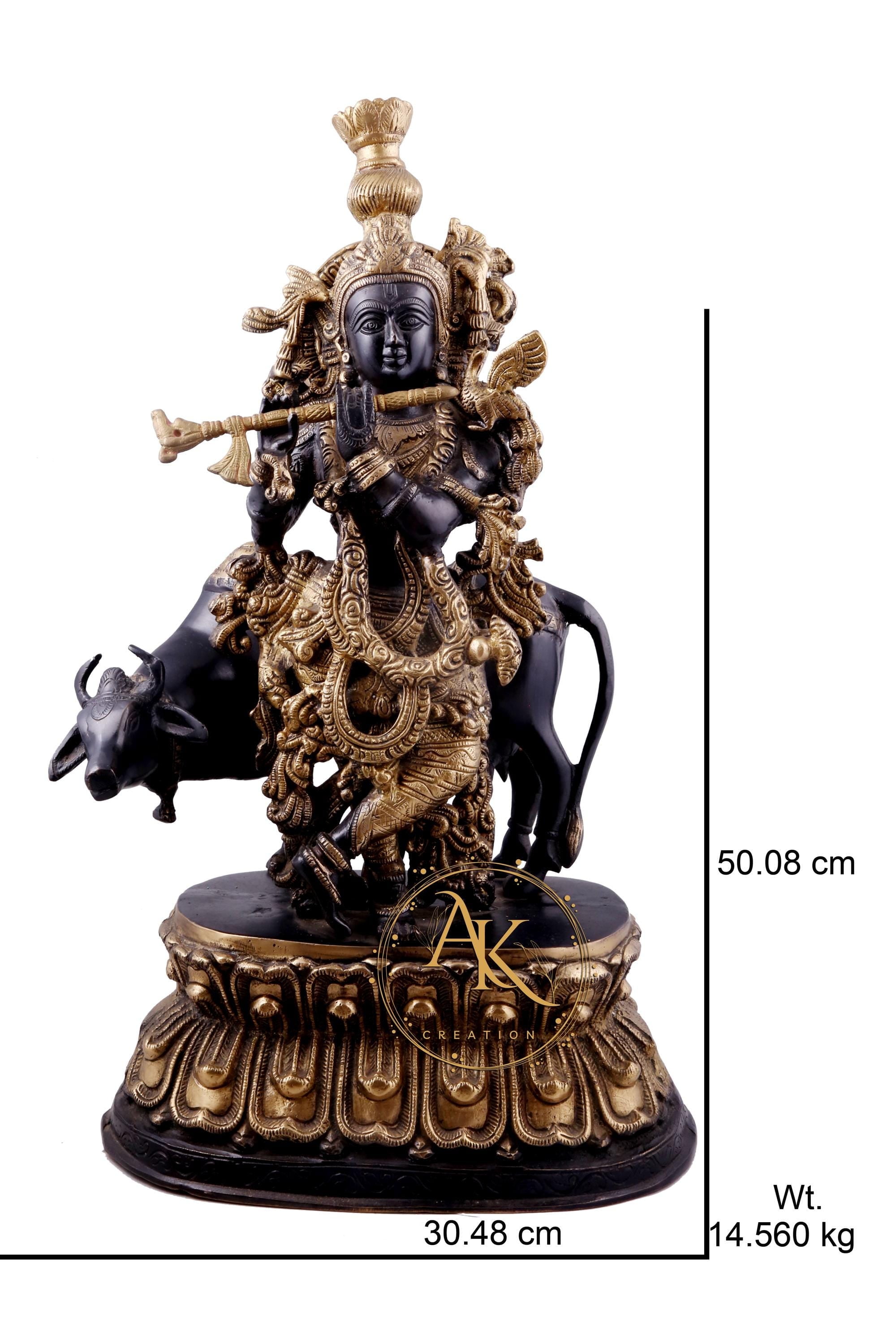19" Brass Venugopal statue, Fluting Krishna idol with holy Cow ...