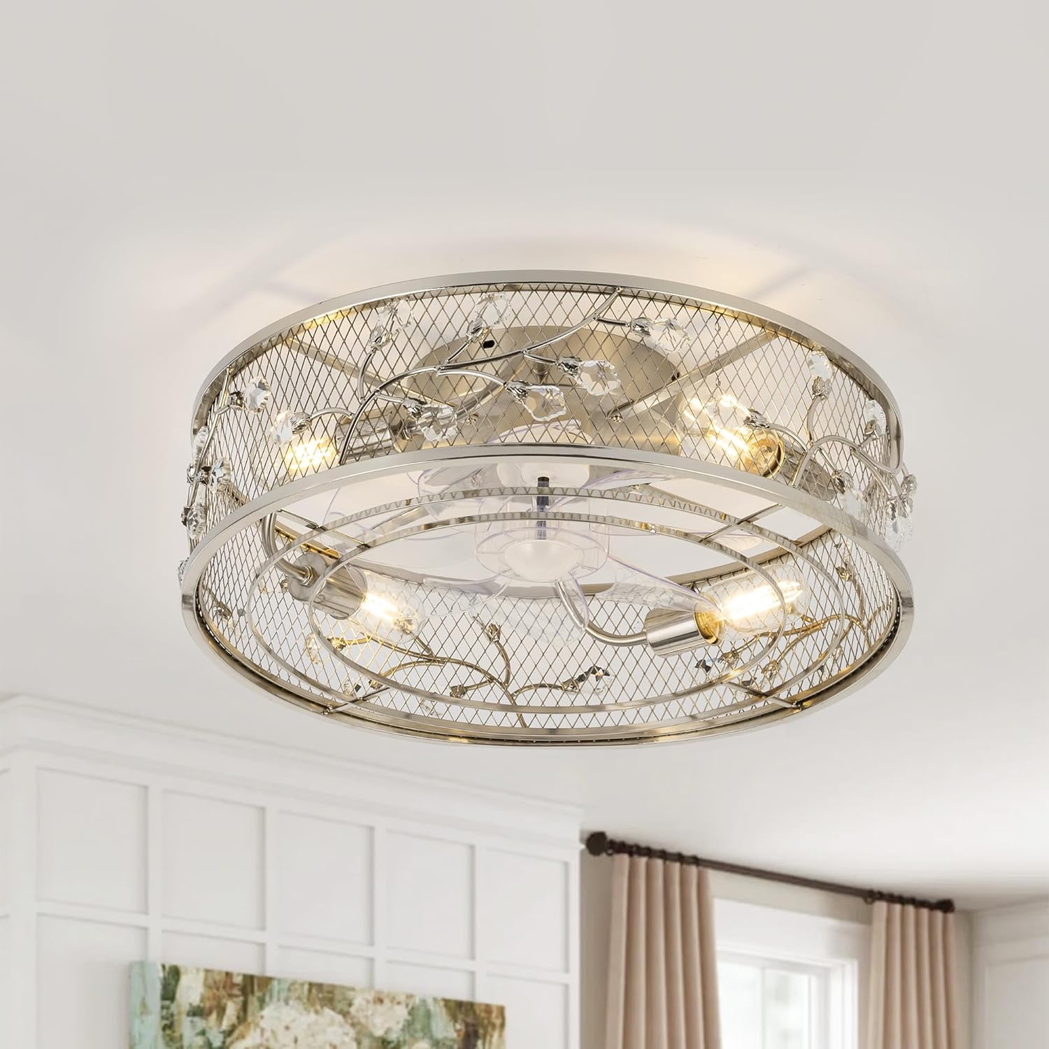 19" Caged Ceiling Fans with Lights Remote Control, Low Profile Flush Mount Ceiling Fan with DC ...