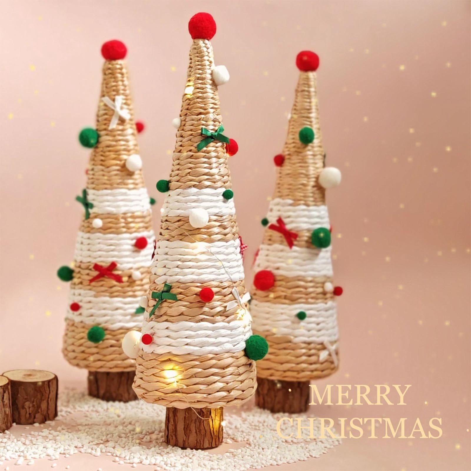 19" Christmas Decor,Woven Christmas Cone Tree with Lights,Neutral Xmas ...