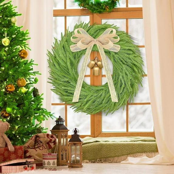 19" Christmas Norfolk Pine Wreath with Lights Real Touch Outdoor ...