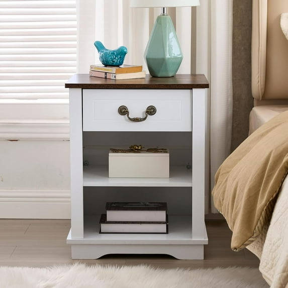 19" Farmhouse Nightstand Wooden Side Bedside Table with Drawer, Open ...