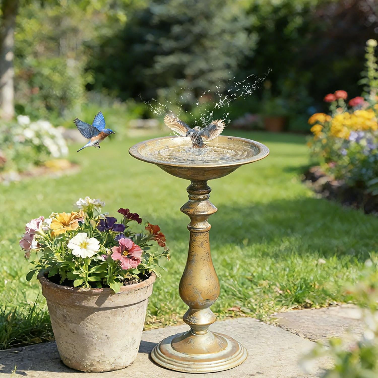 19”H Antique Pedestal Bird Bath, Bird Baths for Outdoors, Hand-Crafted ...