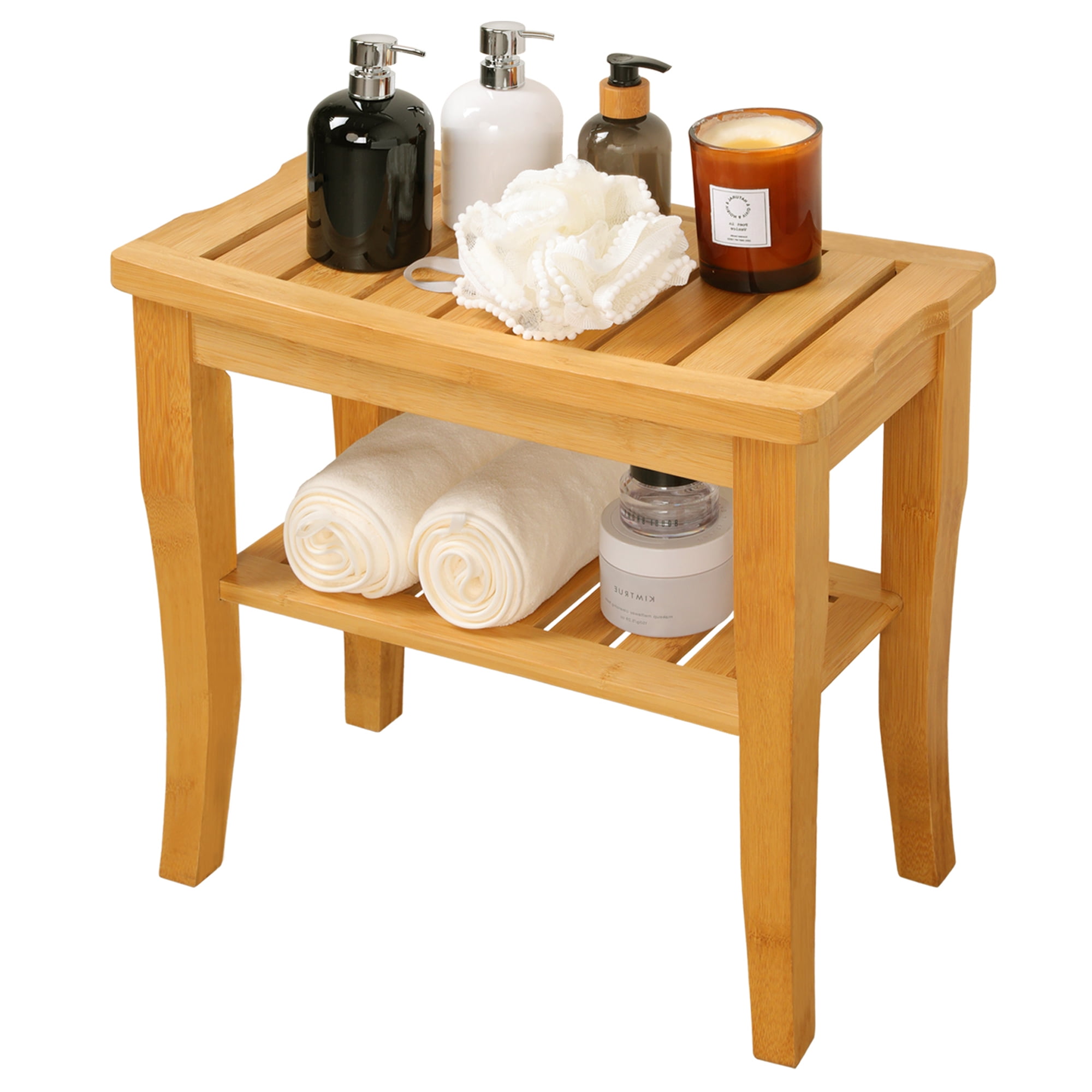 19 Inch Bamboo Shower Bench with Storage Shelf,Waterproof Shower Stool ...