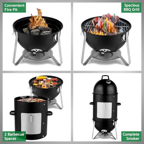 19 Inch Charcoal Smoker, 3-in-1 Vertical Bullet Smoker, Heavy Duty Meat ...
