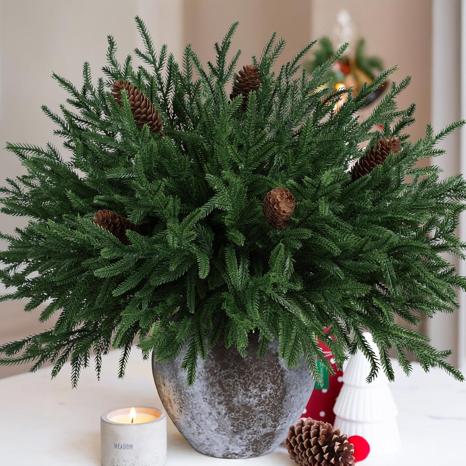 19 Inch Christmas Norfolk Pine Stems, 12PCS Real Touch Faux Cedar Pine ...