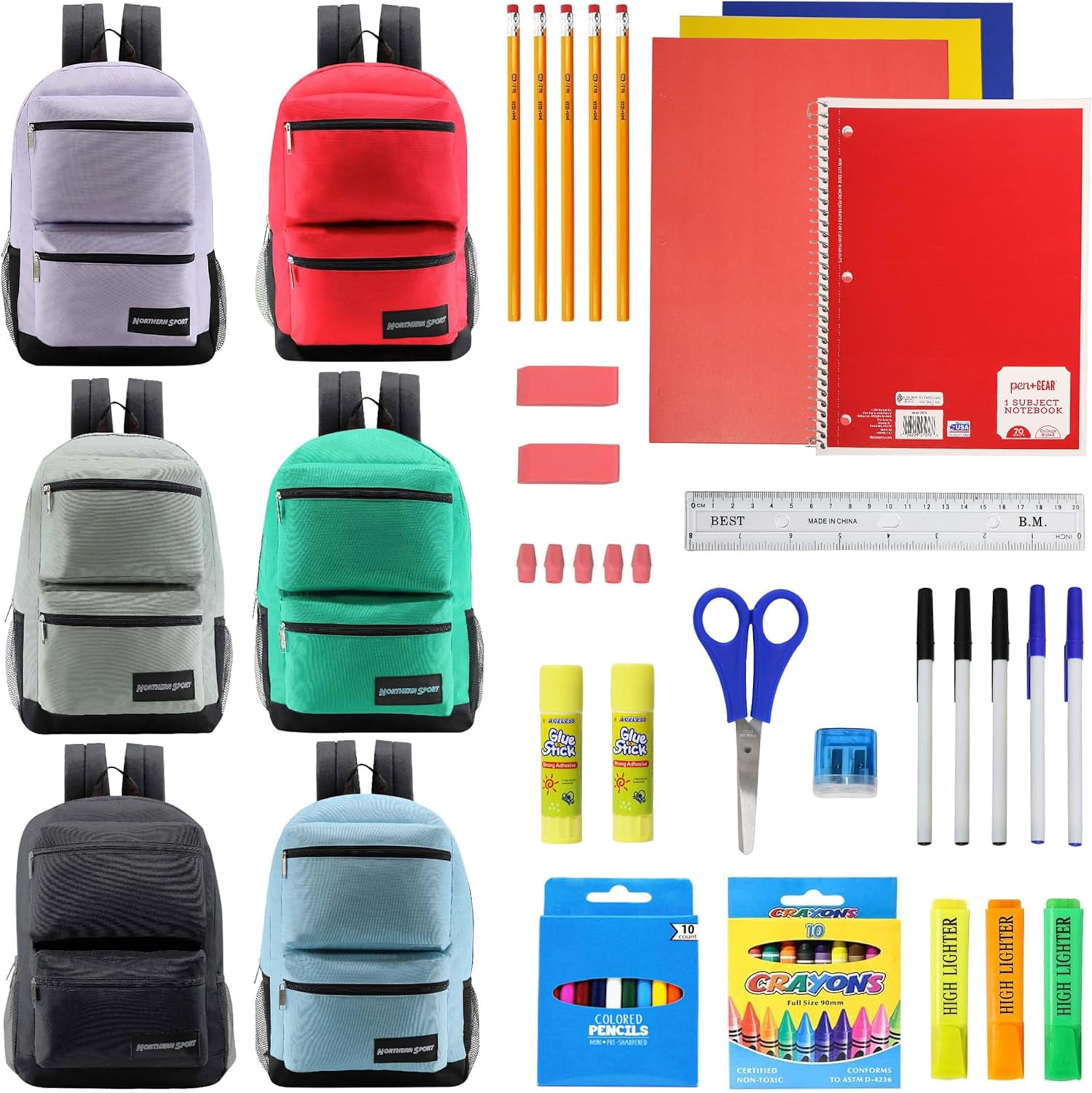 6-Pack 19” Sport Backpacks with 50 Piece School Supplies Kits - Pens ...