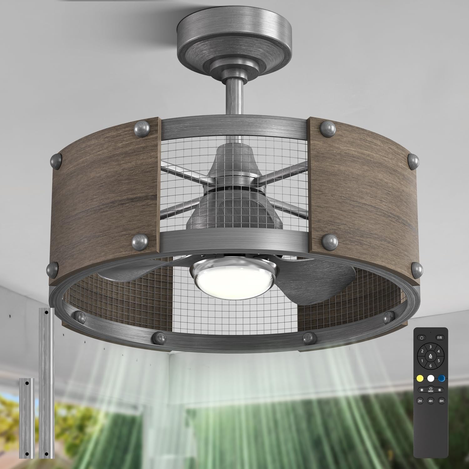 19" Industrial Fandelier, Solid Wood&Metal Frame, Farmhouse Small Caged ...