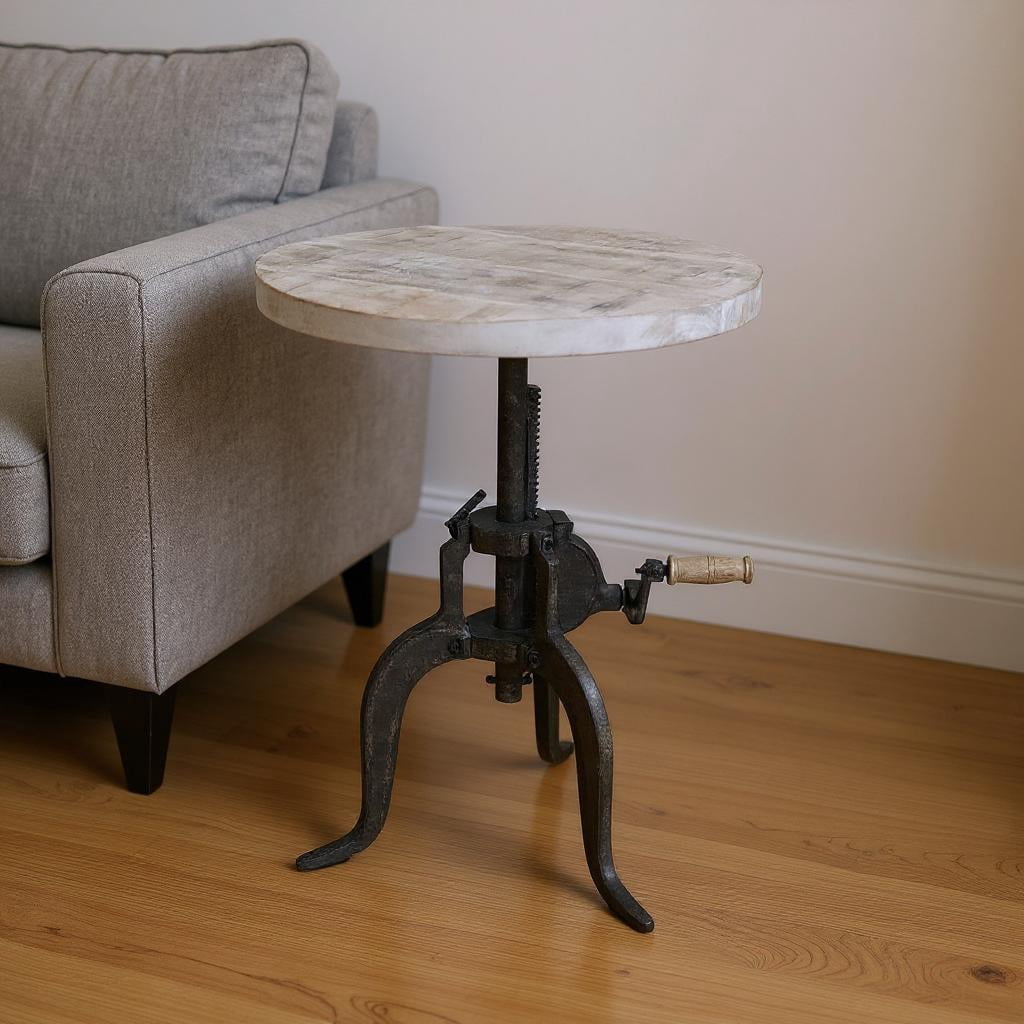 19" Natural and Gunmetal Solid Wood and Iron Height Adjustable Round ...